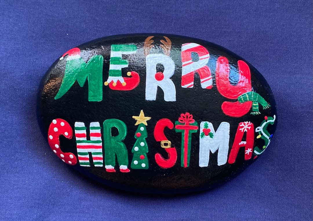 Christmas Painted Rock Holiday Painted Stone Words Winter - Etsy