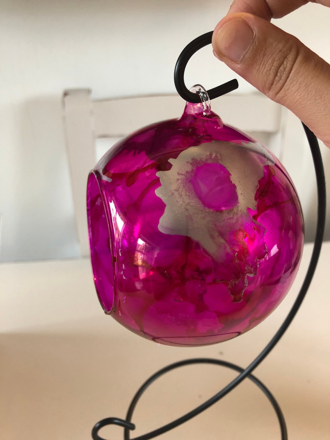 Hot Pink Candle Holder, Hanging Lantern on a Stand. Vibrant Pink Glass ...