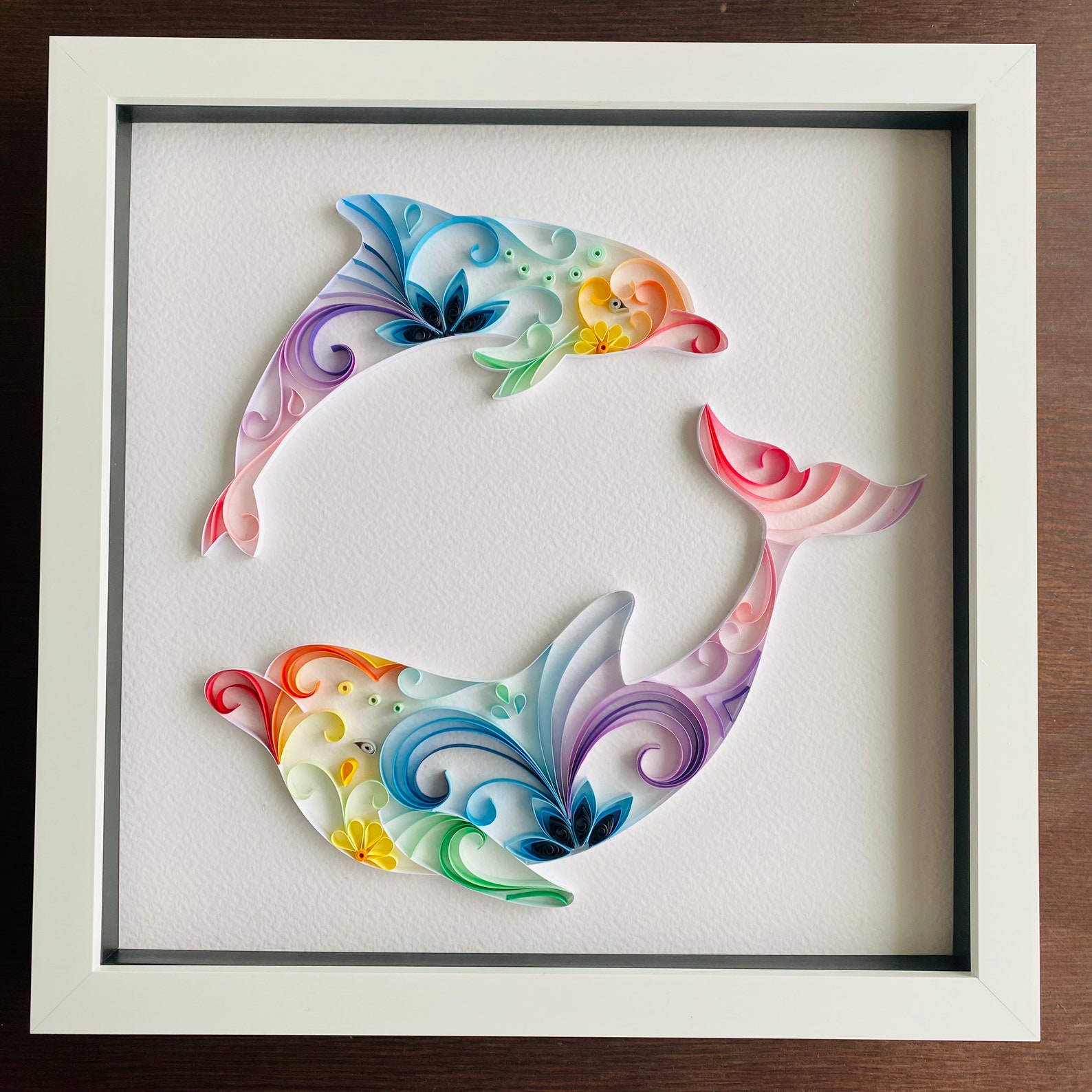 Rainbow Dolphins Quilling Art in White Box Frame New Baby | Etsy