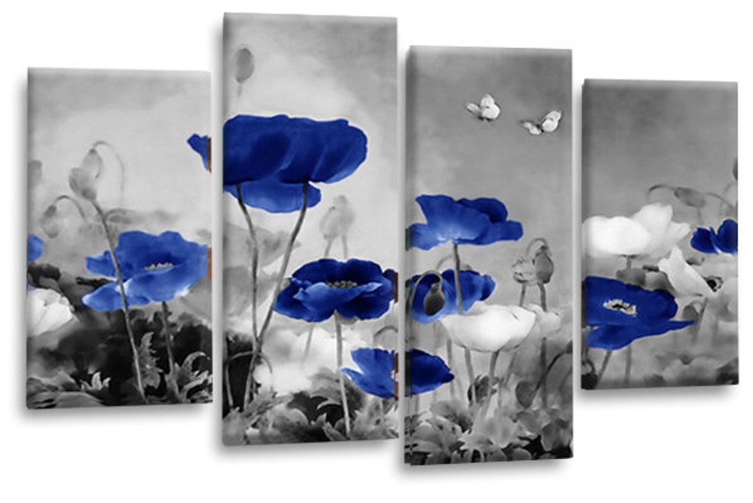 Blue Poppy Floral Canvas Print, Grey Flower Split Panel Wall Art - Etsy