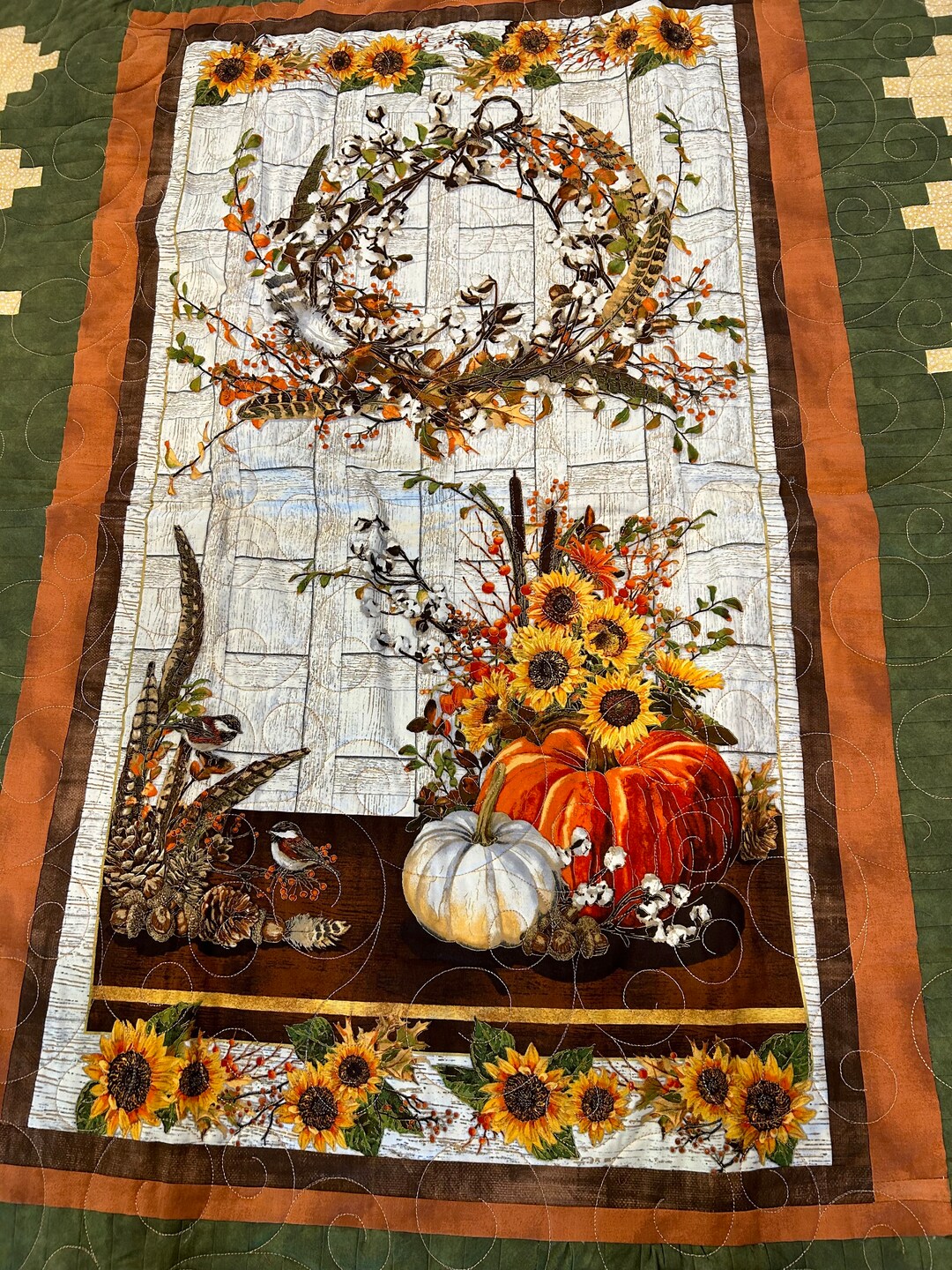 Beautiful Fall Quilt Showing a Wreath of Fall Colors and Pheasant ...