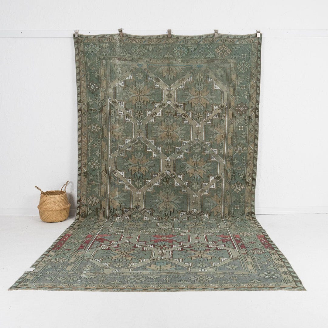 6x12 Green Vintage Persian Handmade Rug Green Wool Area Rug for Hallway ...