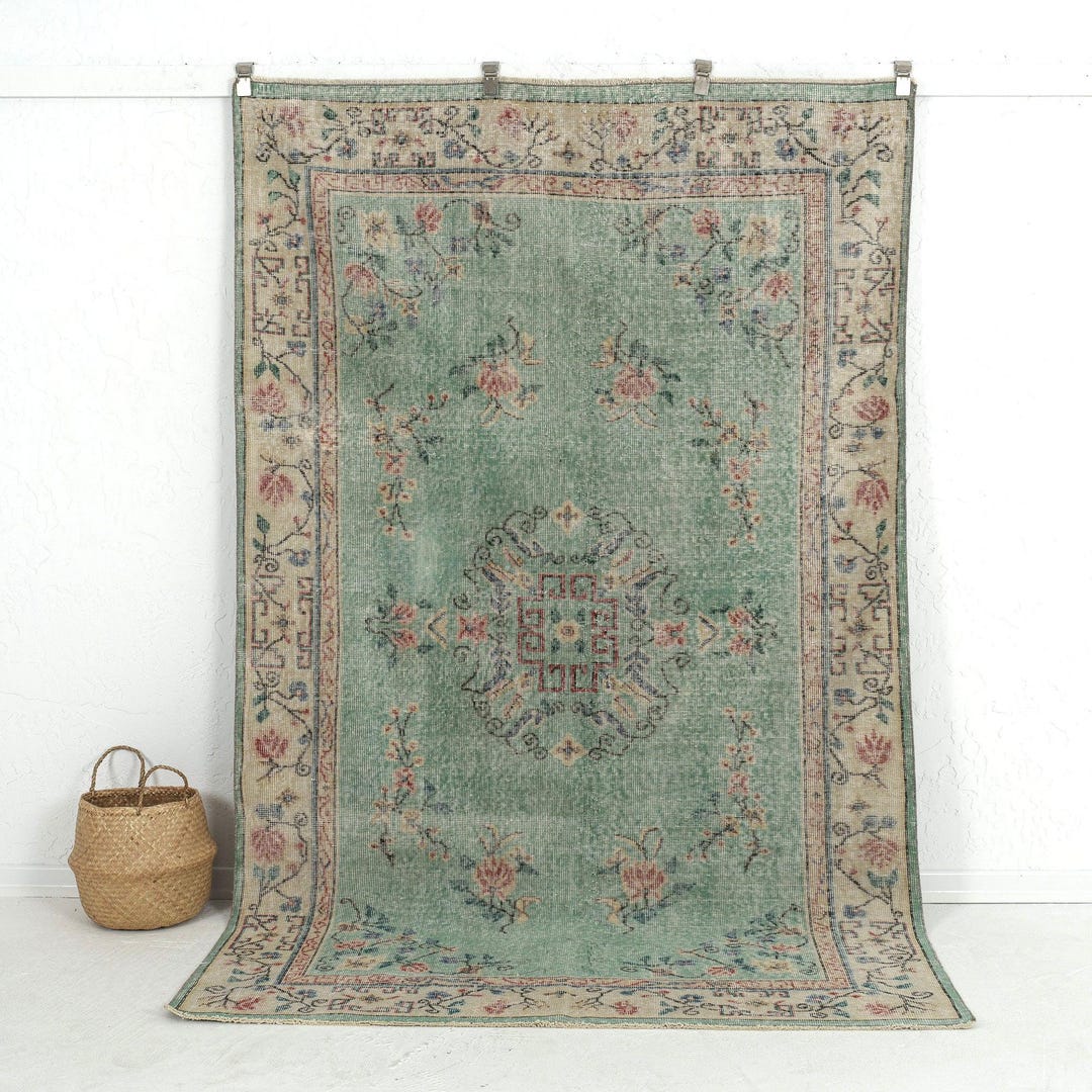 5x9 Green Vintage Turkish Handwoven Rug Green Wool Area Rug for Bedroom ...