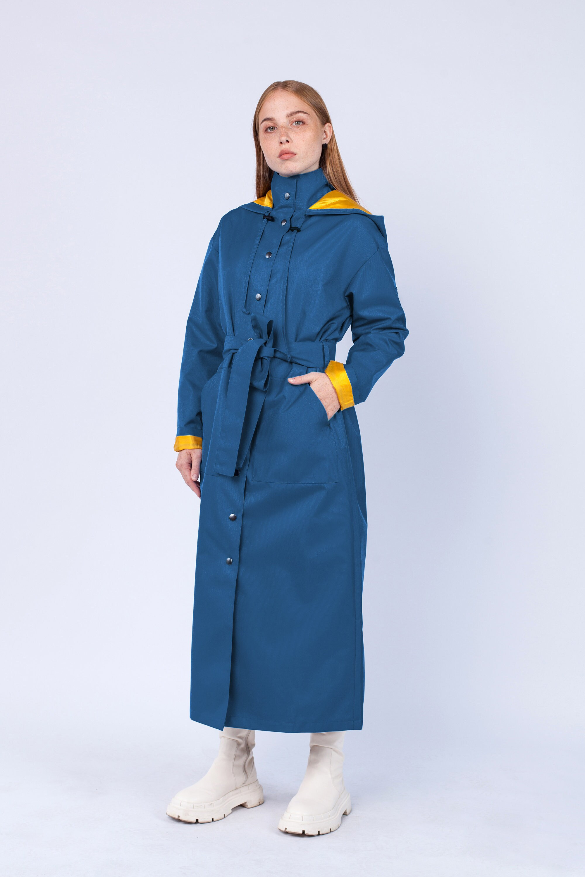 Women's Long Blue Belted Raincoat - Stylish Waterproof Hooded Trench ...