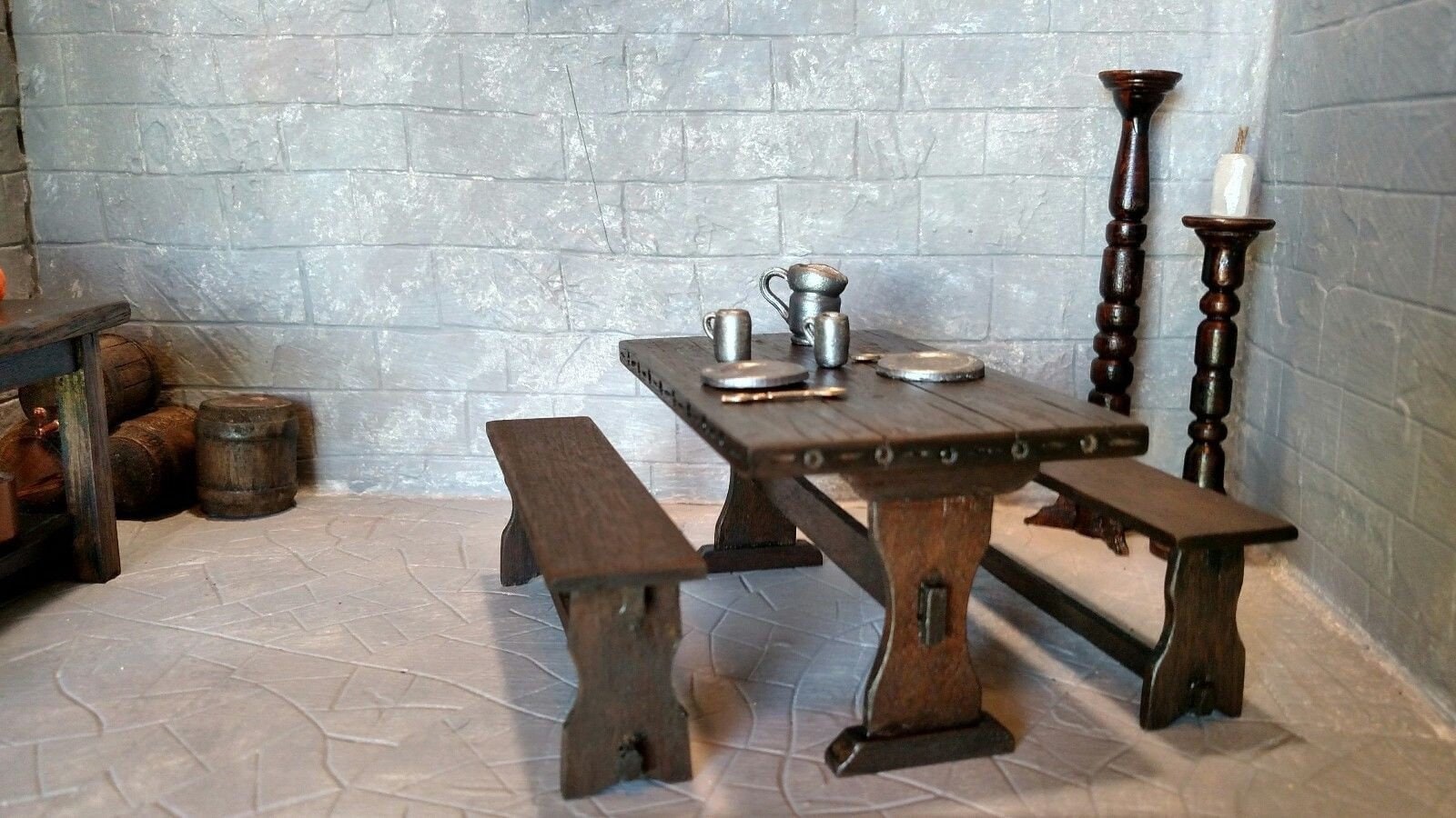 Dollhouse Miniature Walnut Trestle Table Long Benches Artisan Crafted Medieval Tudor Dollhouse Miniature Furniture 1 12 Scale Etsy