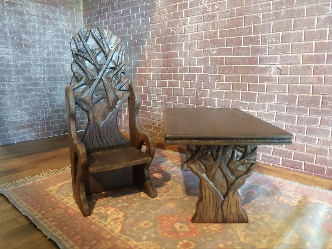 Medieval Hand Carved Druids' Tree Trestle Table, Artisan Made Dollhouse ...