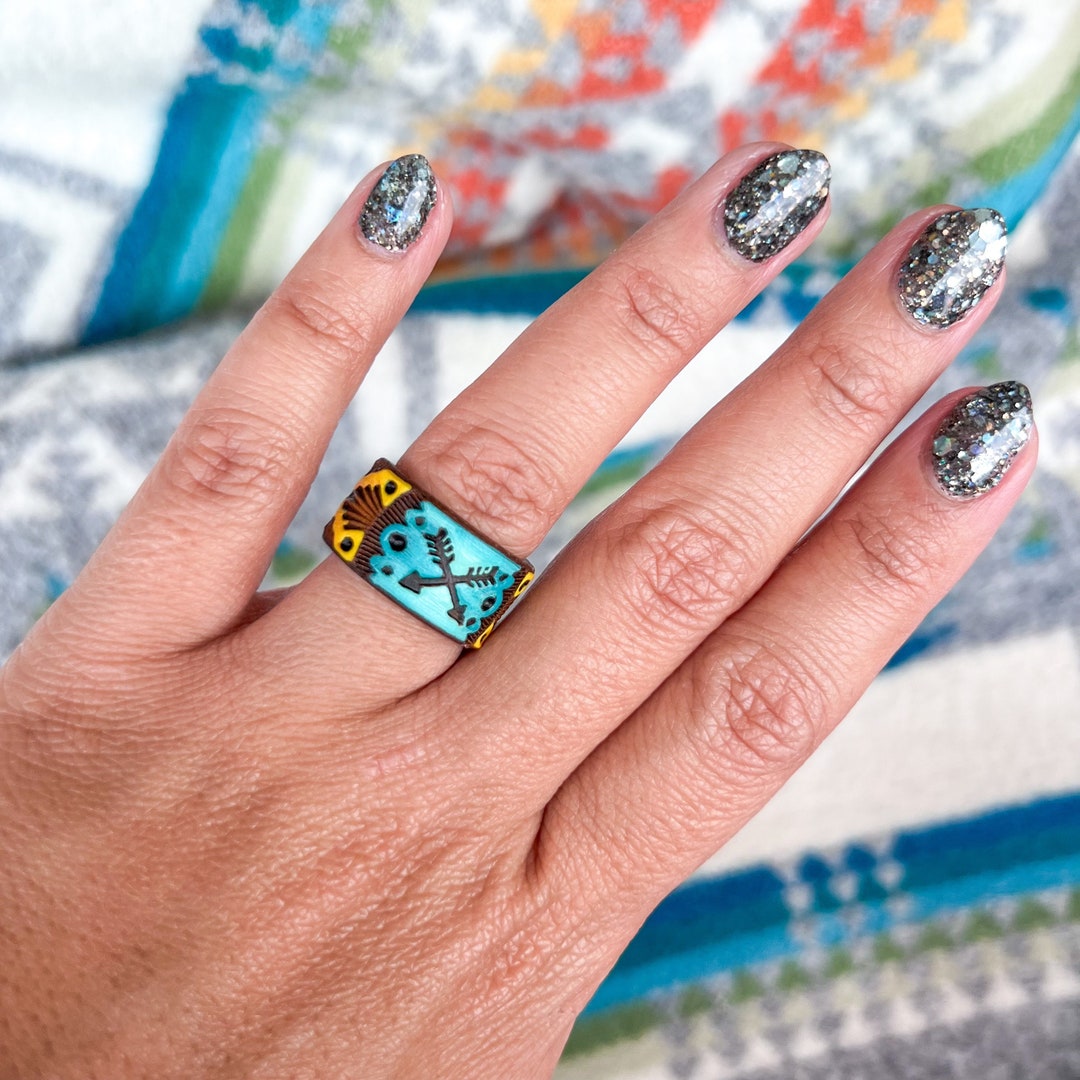 Hand Stamped Cigar Band Leather Ring With Crossed Arrows and Turquoise ...