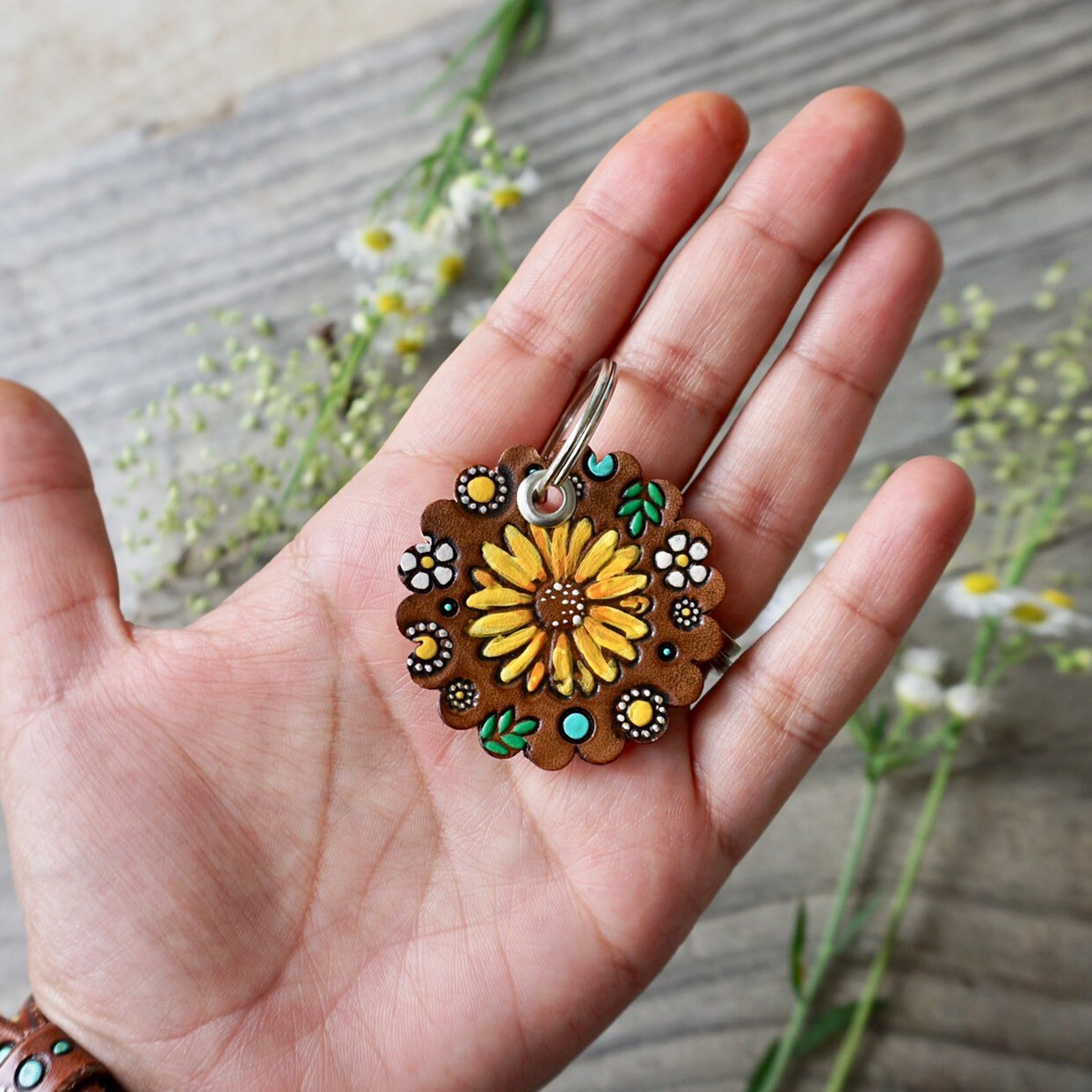 Sunflower and Daisy Hand Painted Leather Key Ring | Etsy