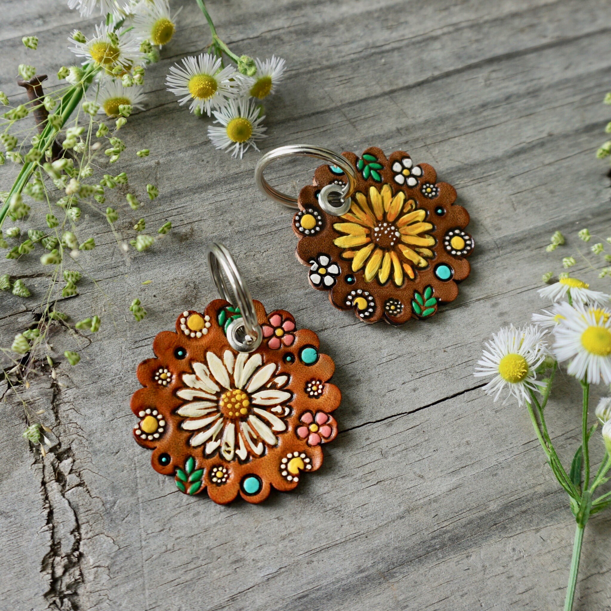 Sunflower and Daisy Hand Painted Leather Key Ring | Etsy