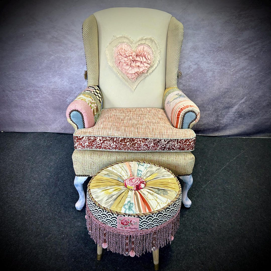 Custom Upholstered Ruffled Heart Boho Wingback Accent Chair With ...
