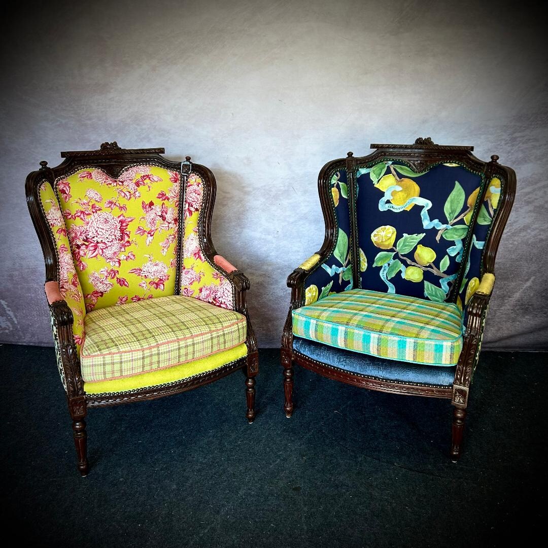 Victorian Reupholstered Eclectic French Toile Lemon and Checkers Pair ...