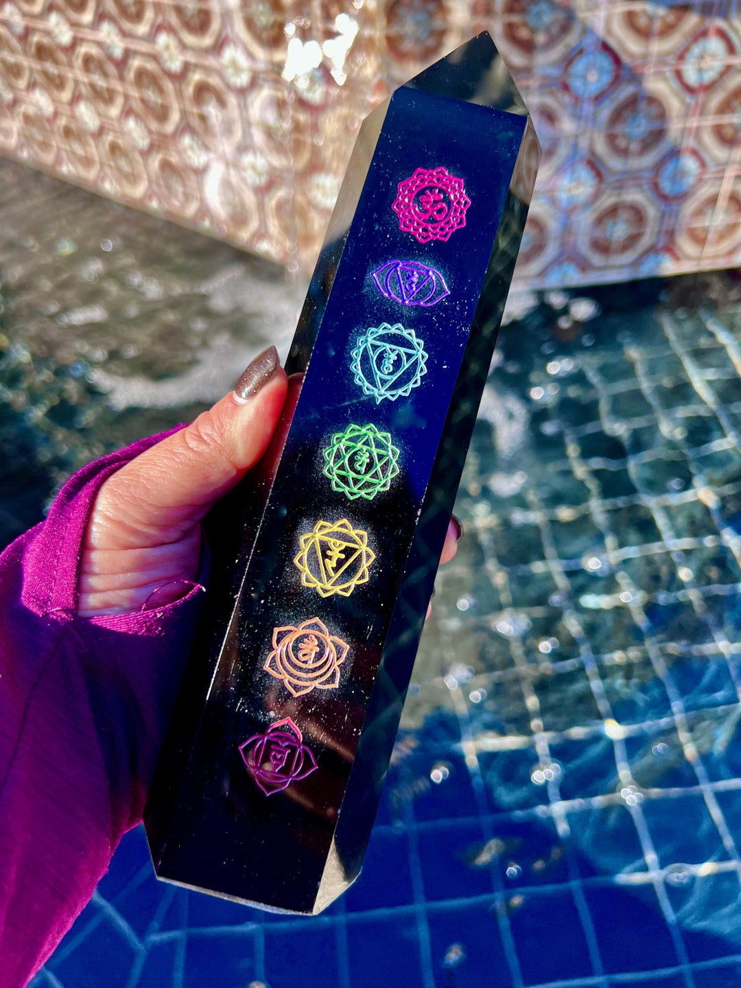 XL Tall Black Obsidian Tower,7 Chakras Symbols Engraved, Absorbs ...