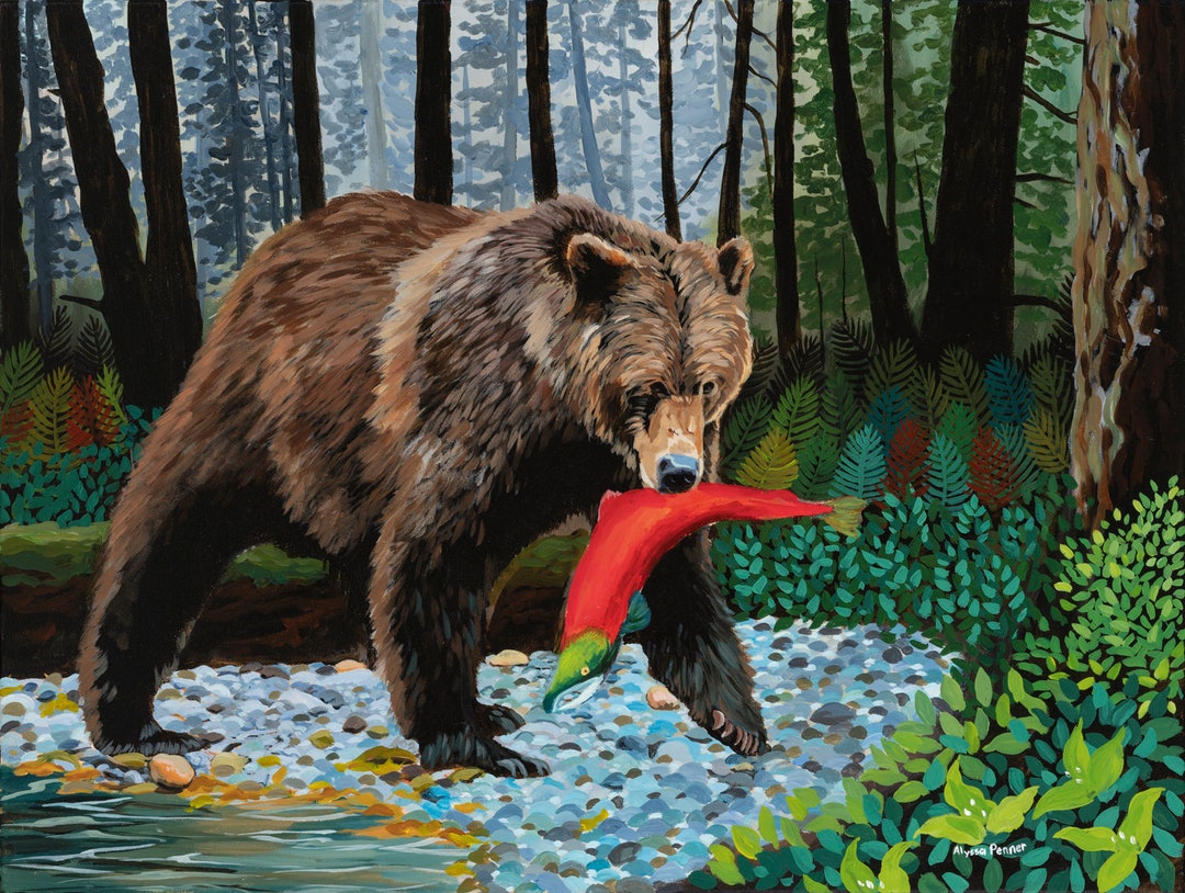 Grizzly and Salmon, Bear Canvas Print, Wildlife Art, Canadian Artist ...