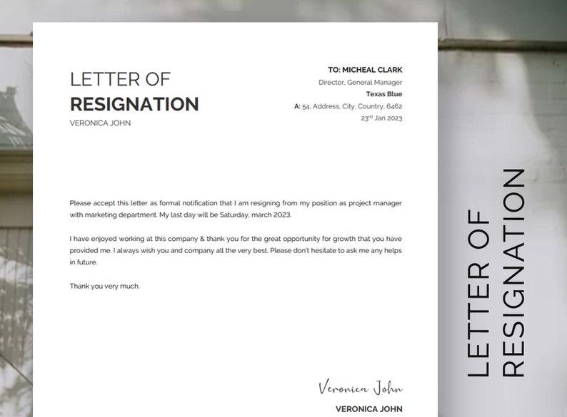 Resignation Letter Template Notice Letter Template for Word - Etsy UK