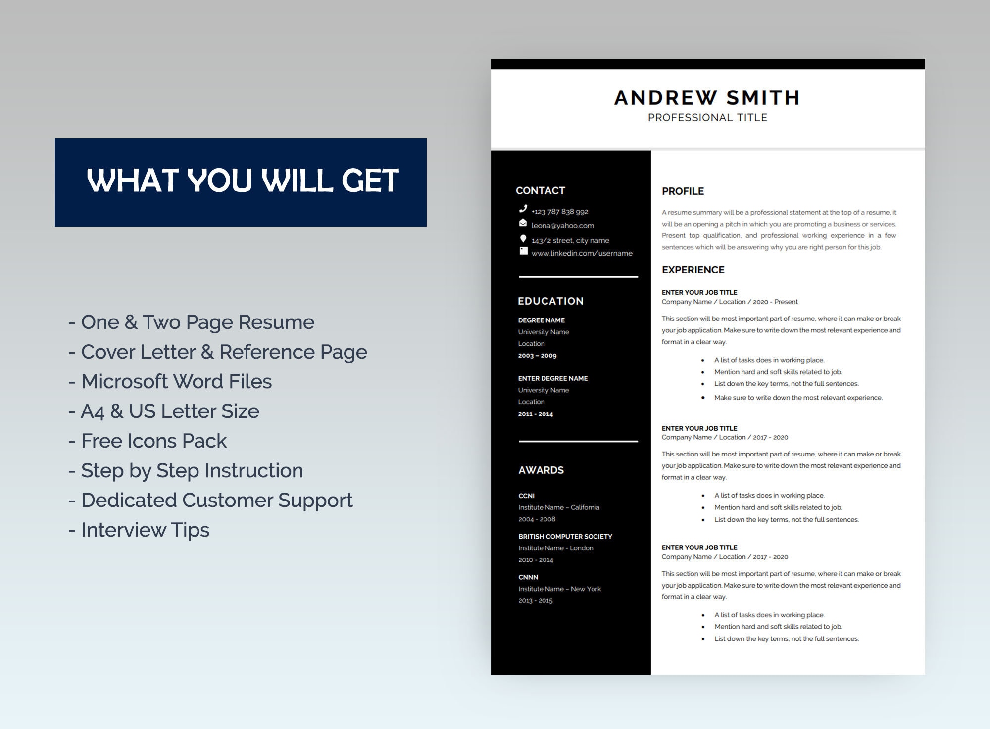 CV Template Resume Template Word Executive Clean Resume - Etsy