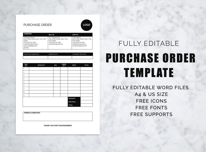 Purchase Order, Purchase Order Form, Editable Purchase Order Microsoft Word - Etsy