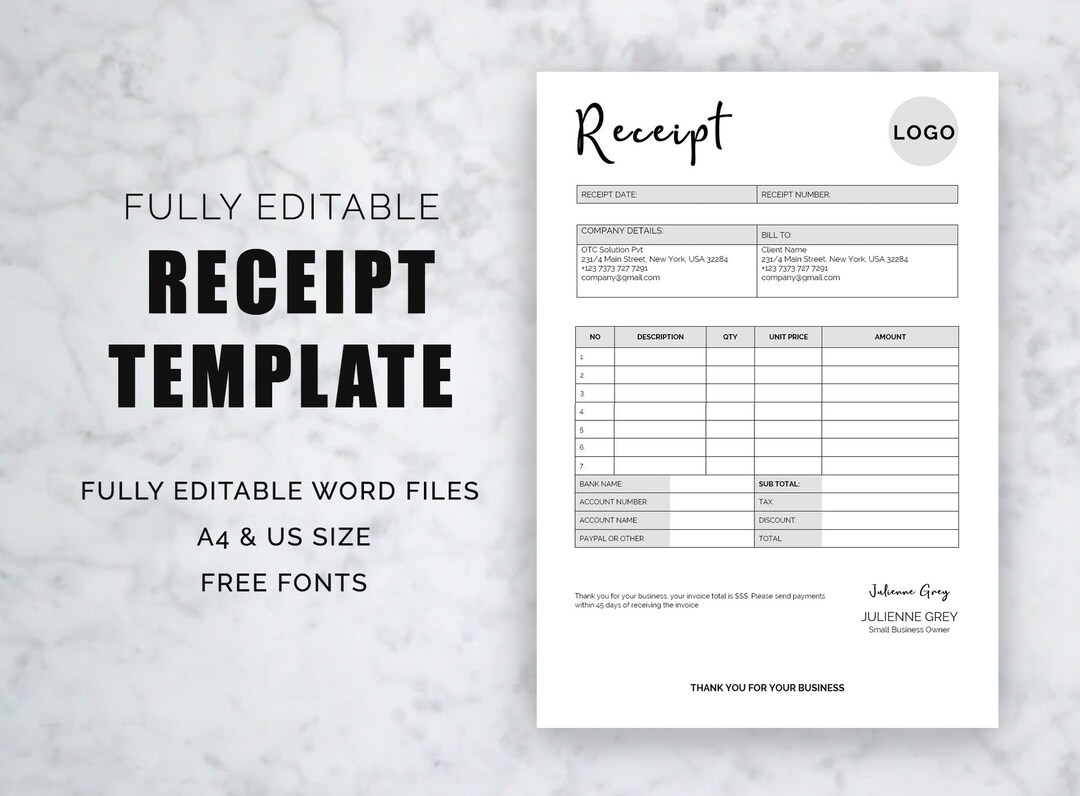 Editable Receipt Template Business Invoice Receipt Template - Etsy