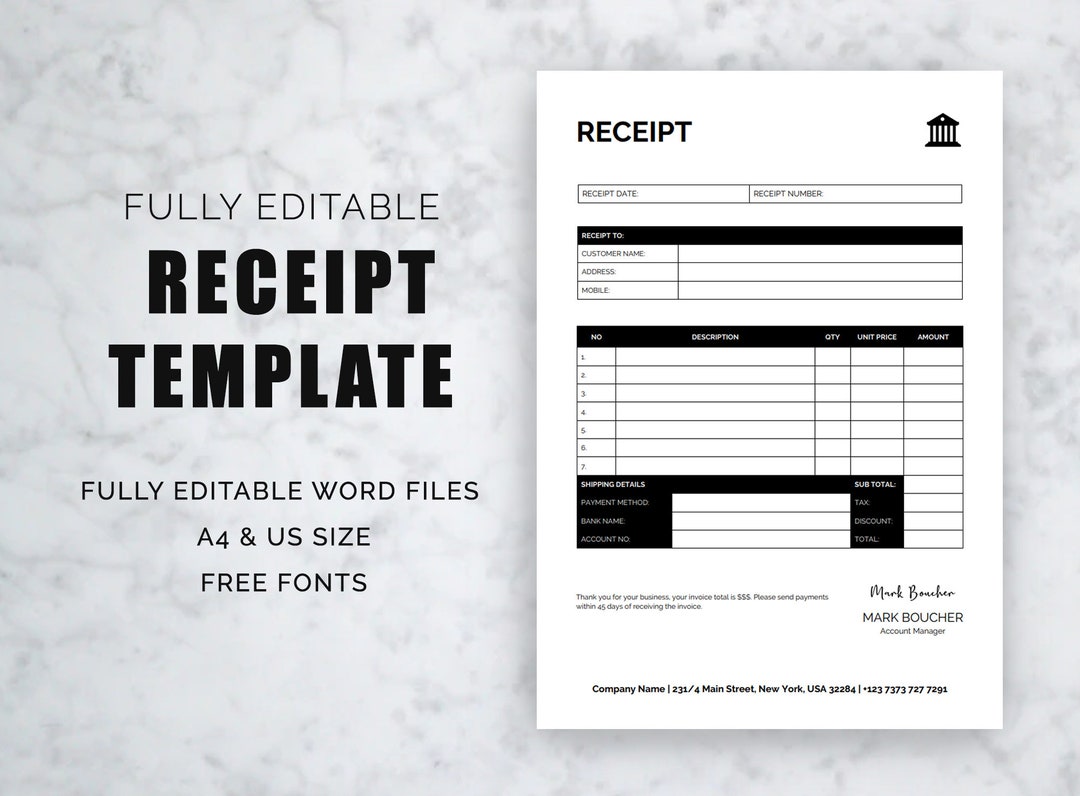 Receipt Template, Editable Receipt Template, Business Receipt, Invoice ...