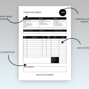 Purchase Order, Purchase Order Form, Editable Purchase Order Microsoft Word - Etsy