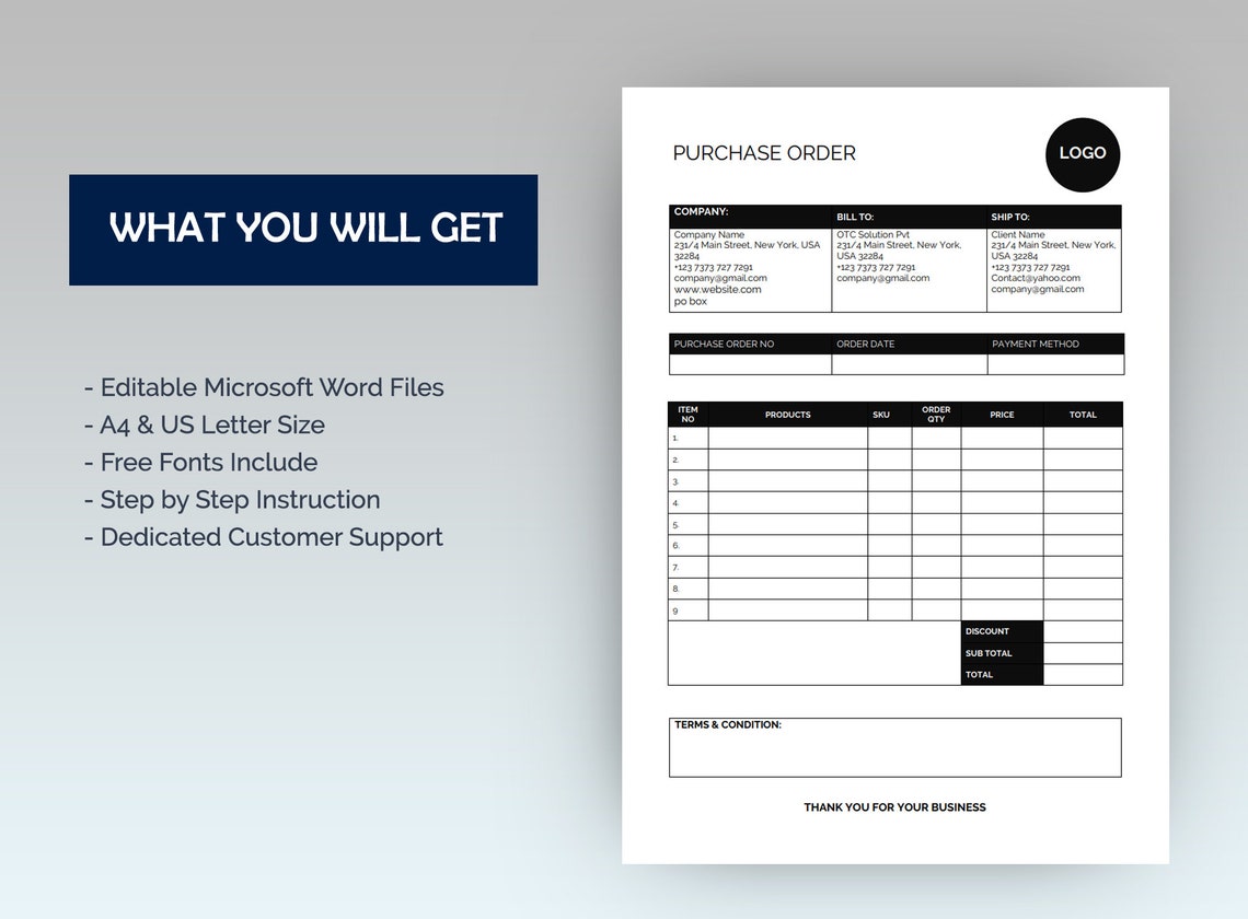 Purchase Order, Purchase Order Form, Editable Purchase Order Microsoft ...