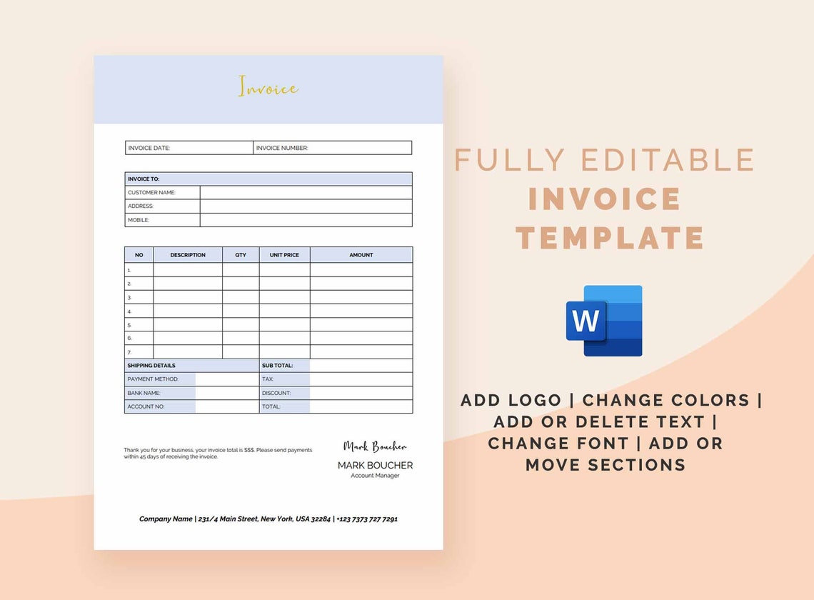Editable Invoice Template Invoice Template Word Business - Etsy