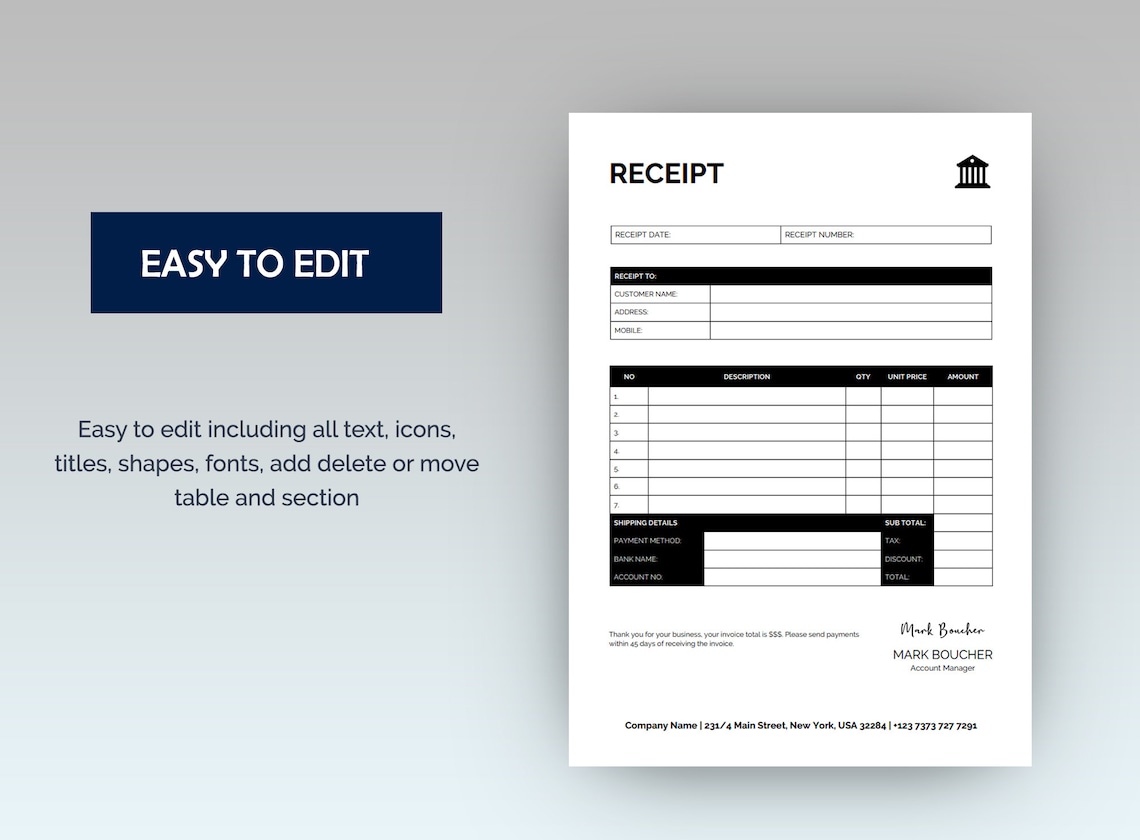 Receipt Template, Editable Receipt Template, Business Receipt, Invoice ...