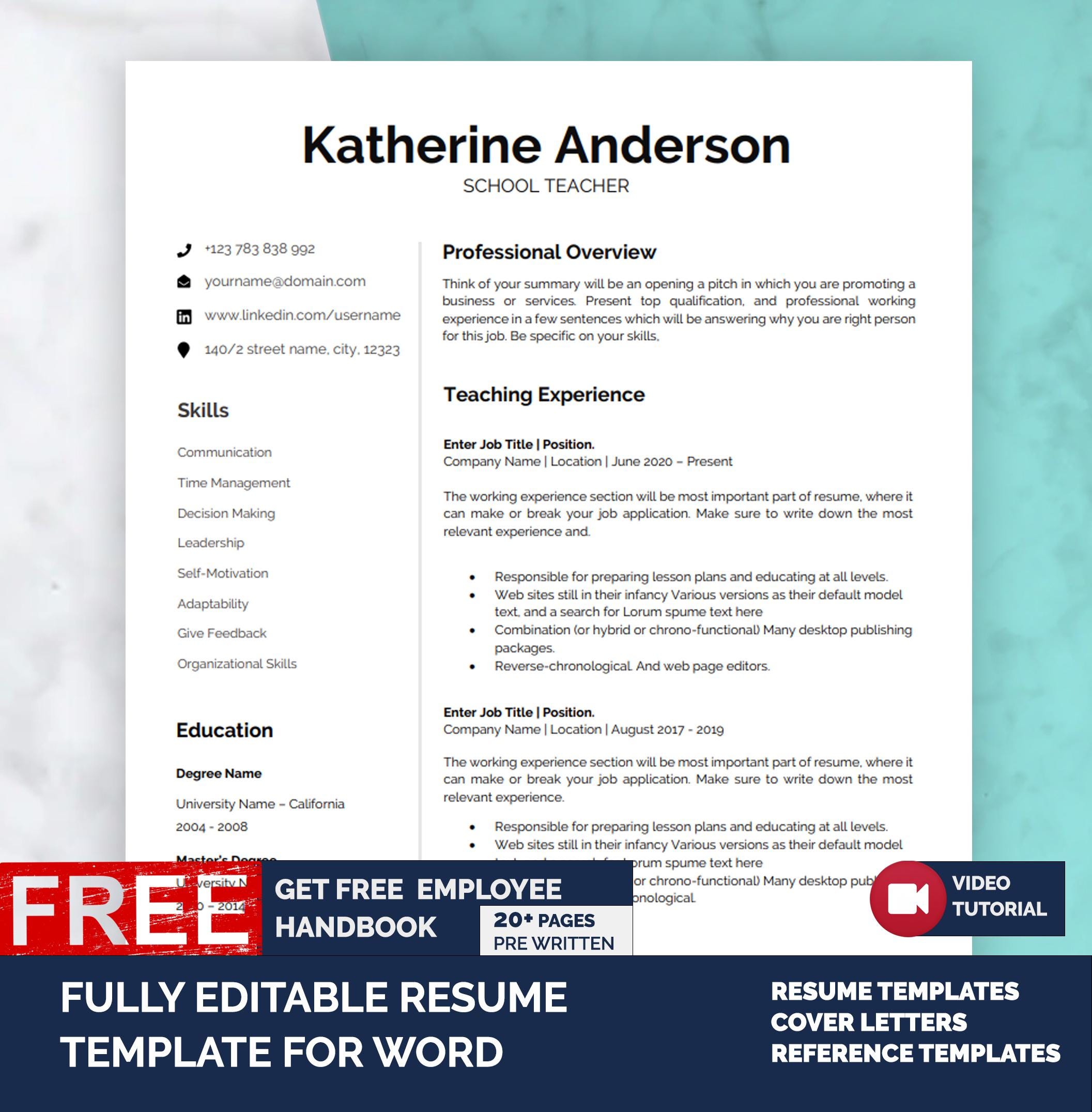 Teaching Resume Template, Professional Resume for Teacher, Teacher ...