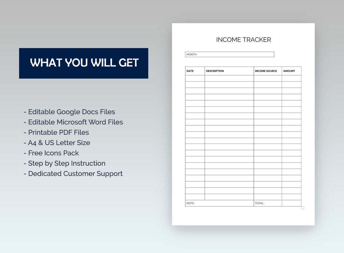 Printable Income Tracker Editable Income Tracker Word Google Docs PDF ...