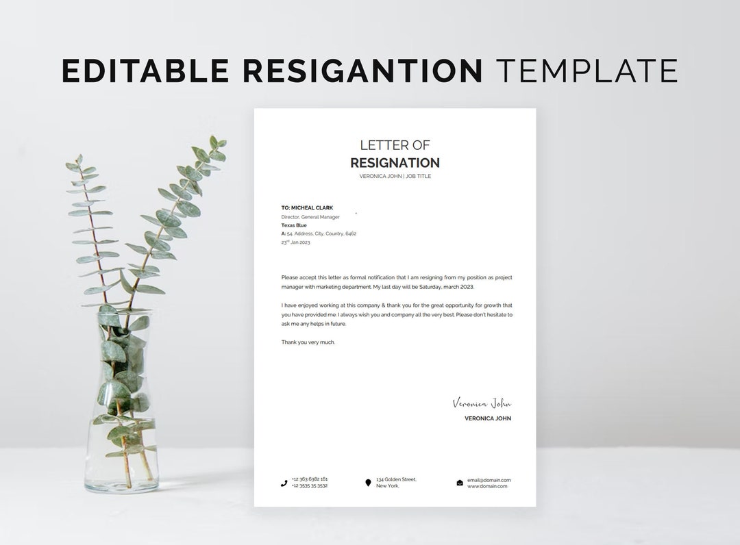 Resignation Letter Template Professional Resignation Letter - Etsy ...