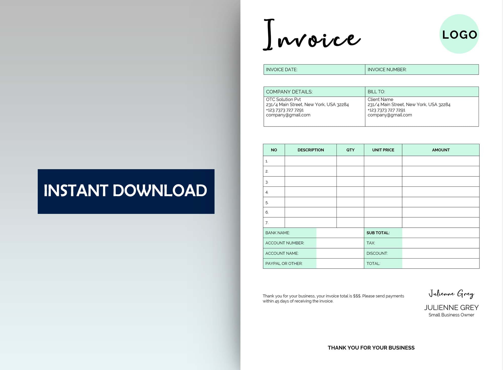 Editable Invoice Template With Logo, Invoice Template for Small ...