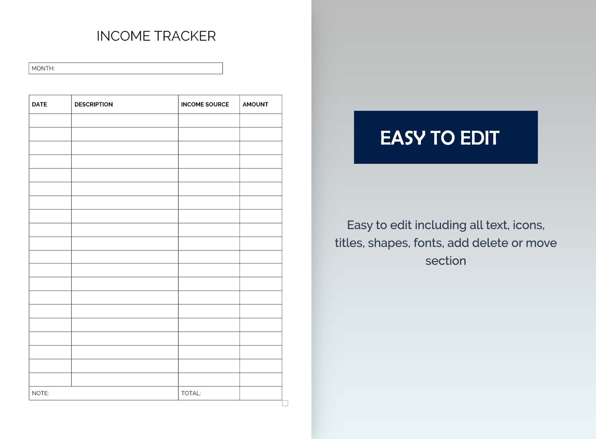 Printable Income Tracker Editable Income Tracker Word Google Docs PDF ...