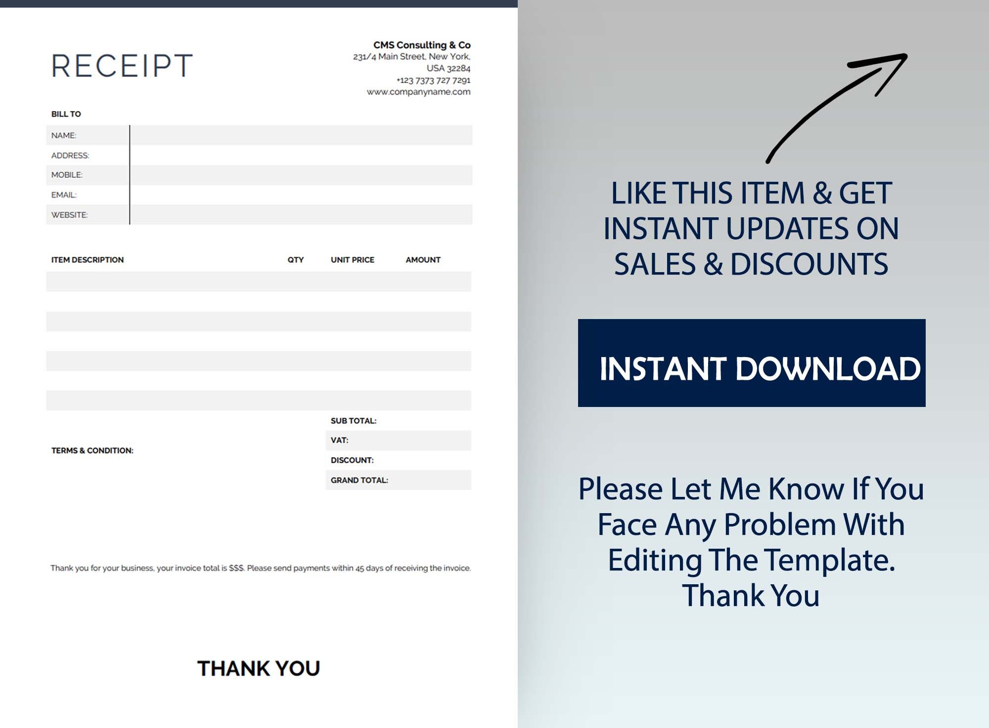 Editable Receipt Template, Printable Billing Template Word, Receipt ...