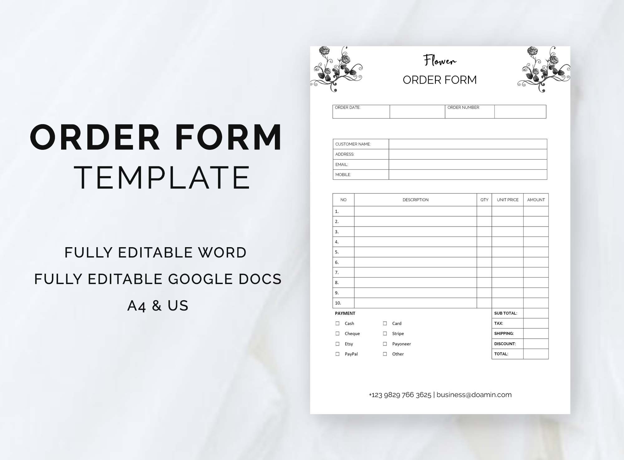 Florist Order Form Template, Editable Order Form Template, Florist ...