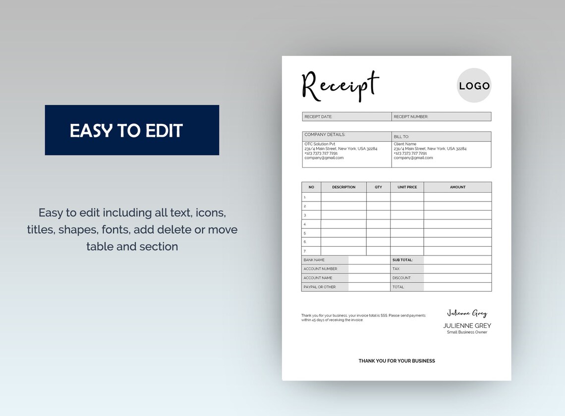 Editable Receipt Template, Business Invoice Receipt Template Receipt ...