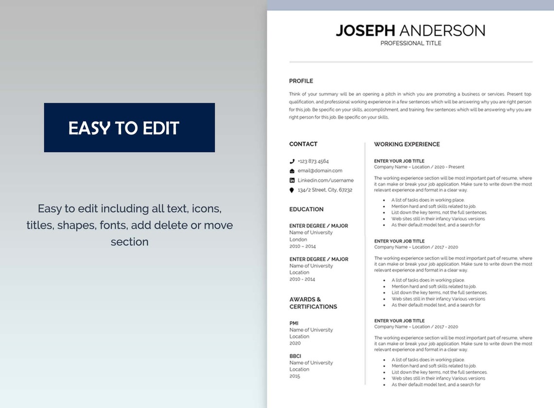 CV Template, Clean Modern Executive Resume Template Bundle, Resume ...