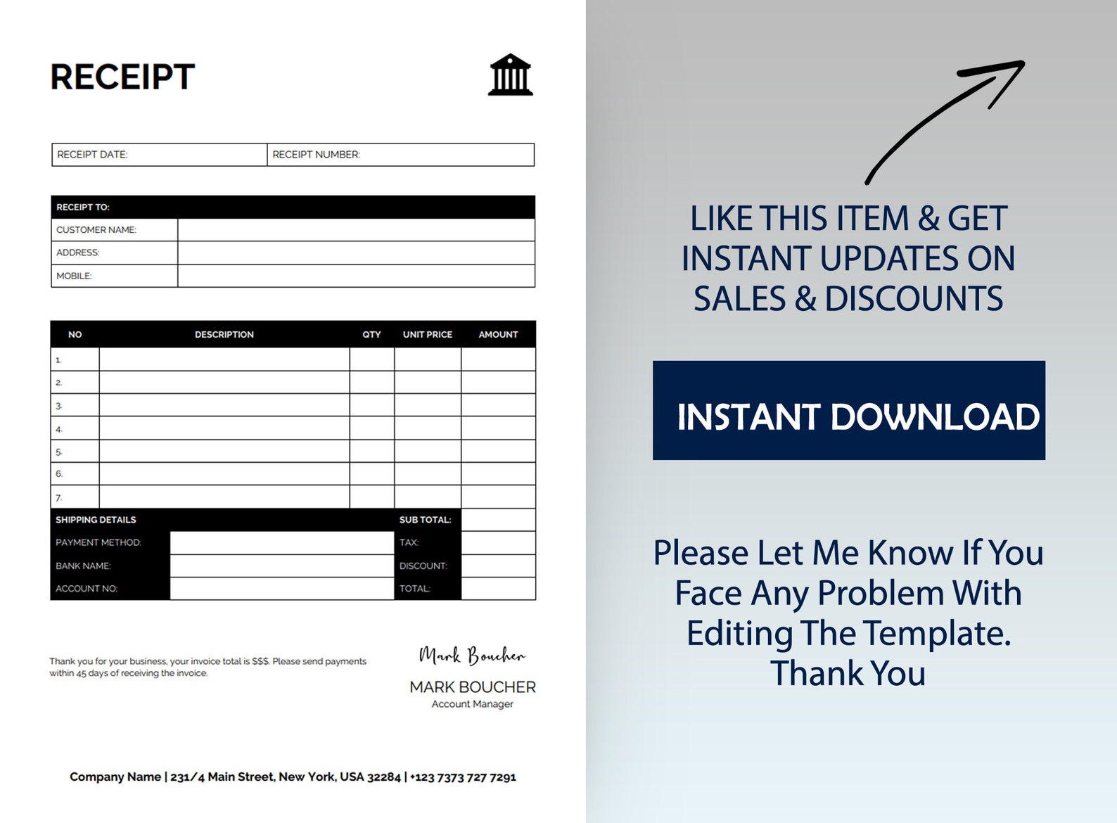 Receipt Template, Editable Receipt Template, Business Receipt, Invoice ...