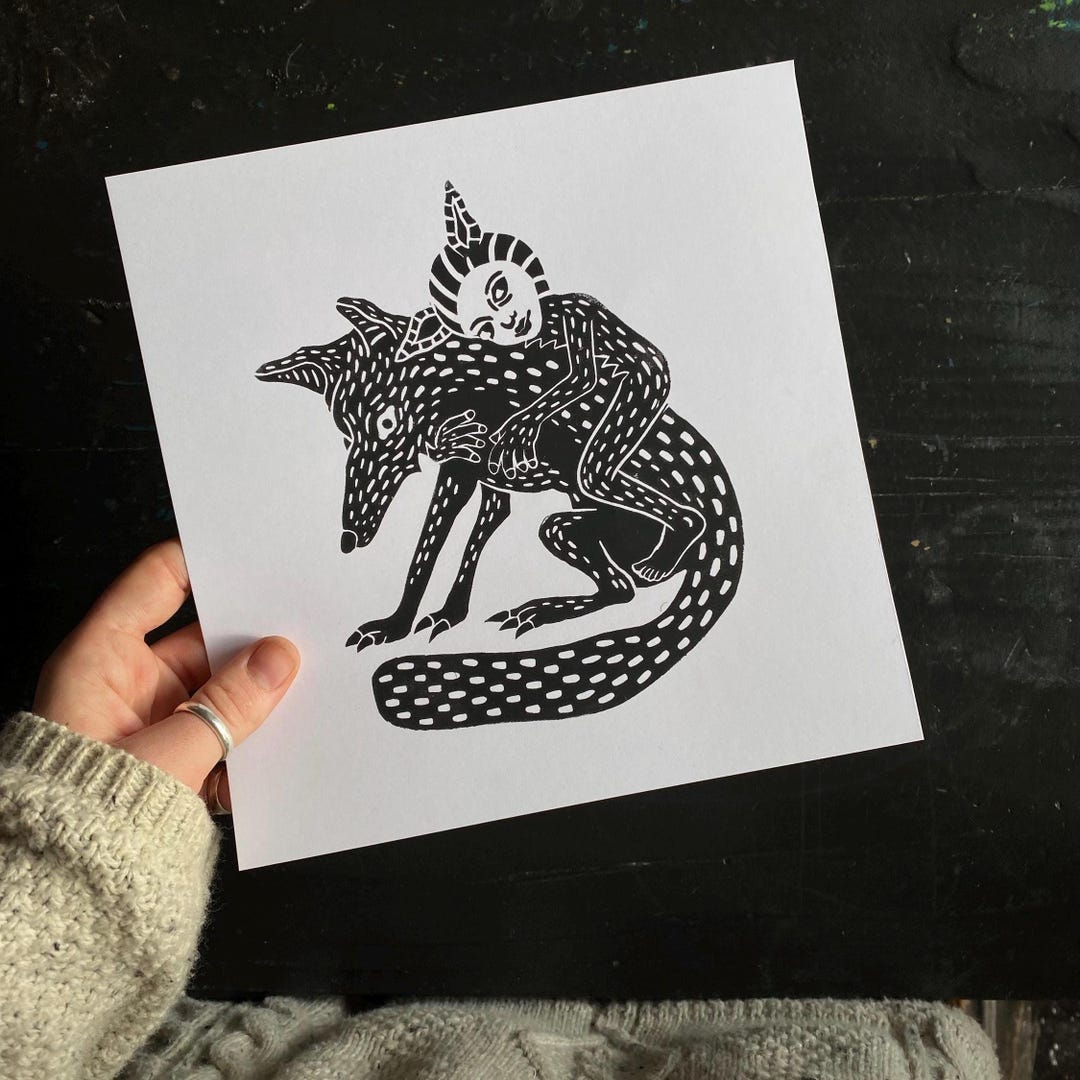 Girl & Wolf Lino Print - Etsy