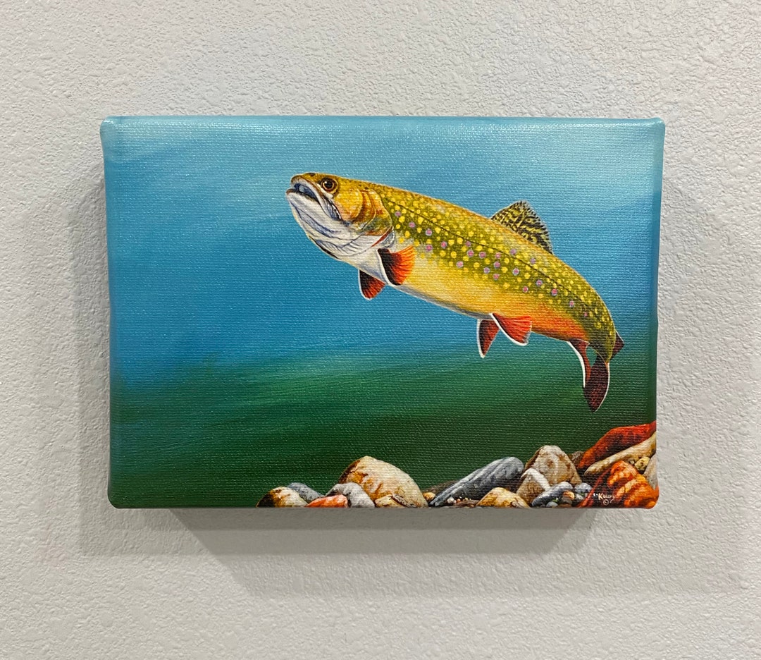 BROOKIE RISE I, Brook Trout Painting, 5x7 Canvas Giclee Gallery Wrapped ...