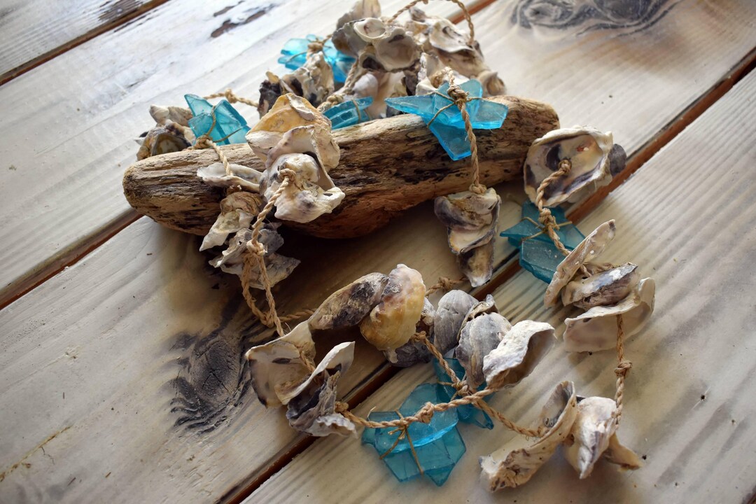 Light Blue Sea Glass and Oyster Shell Garland 5 Ft Long - Seashell ...