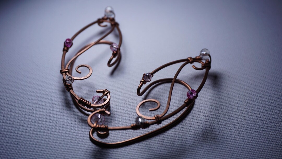 Hammered Copper Elf Ear Cuffs: Pink Crystal Princess Jewelry - Etsy