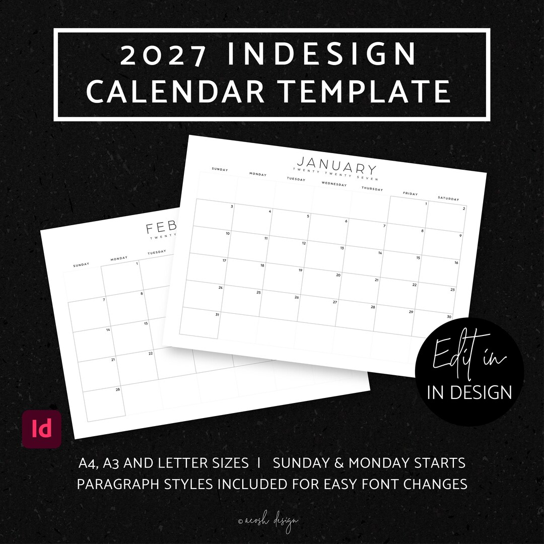 2027 Indesign Calendar Template, A4 A3 Letter Size (digital Download ...