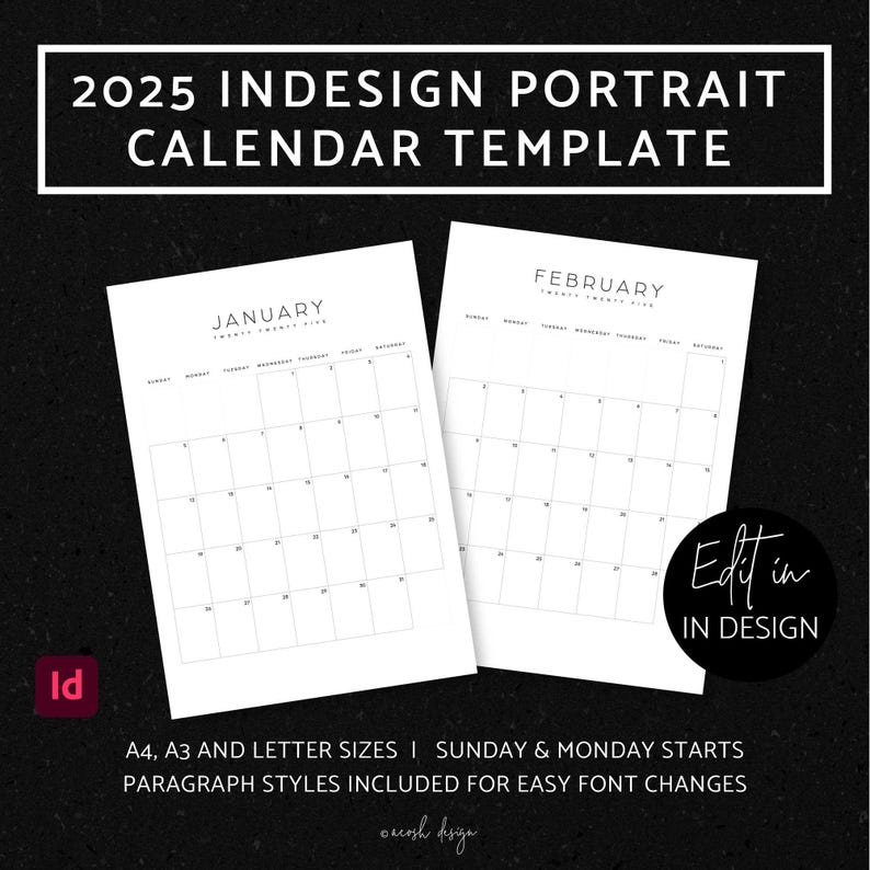 2025 Editable Indesign Calendar Template, Indesign Template, A4, A3 ...