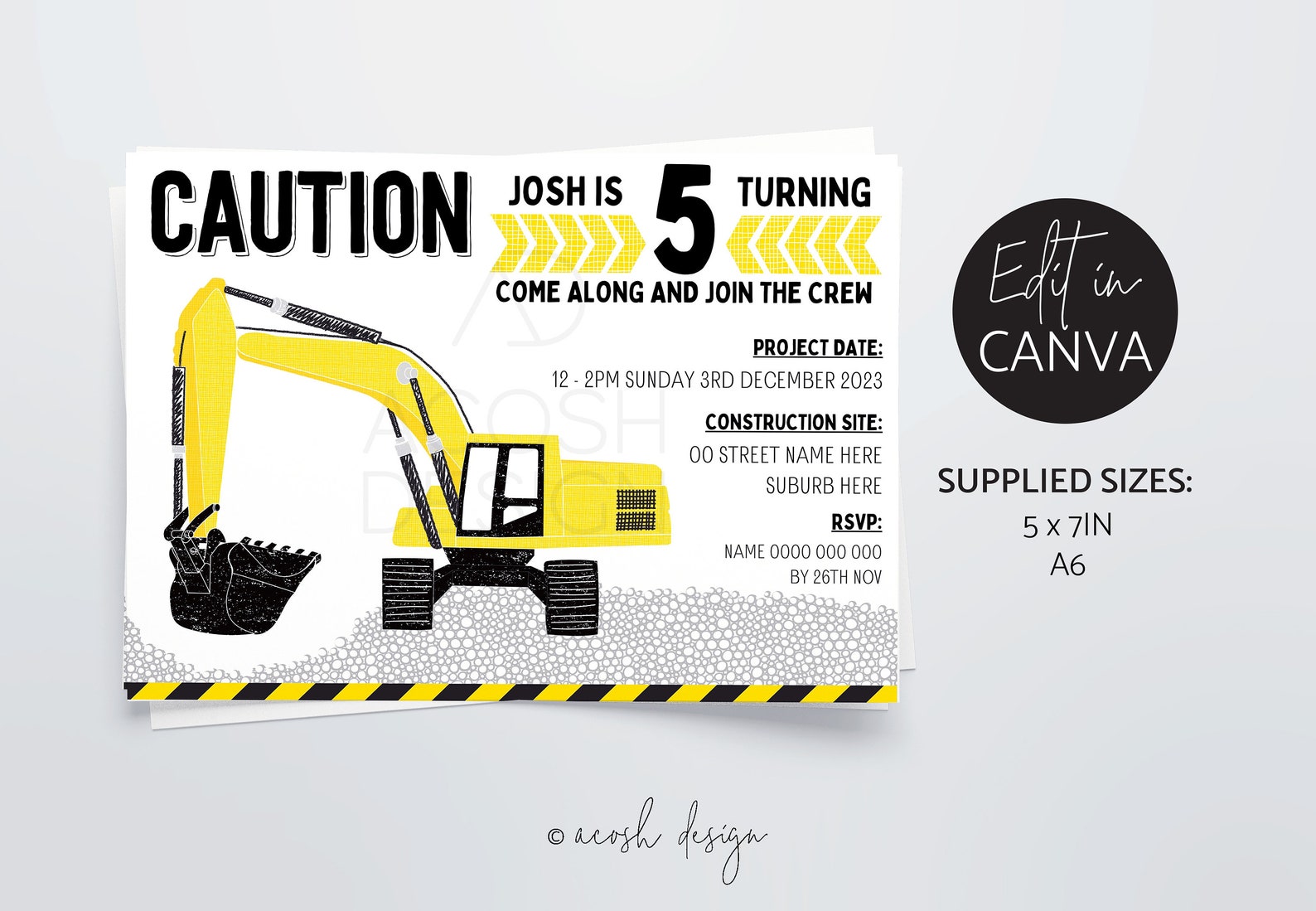 Construction Birthday Party Invitation, Digger Invitation, Excavator ...