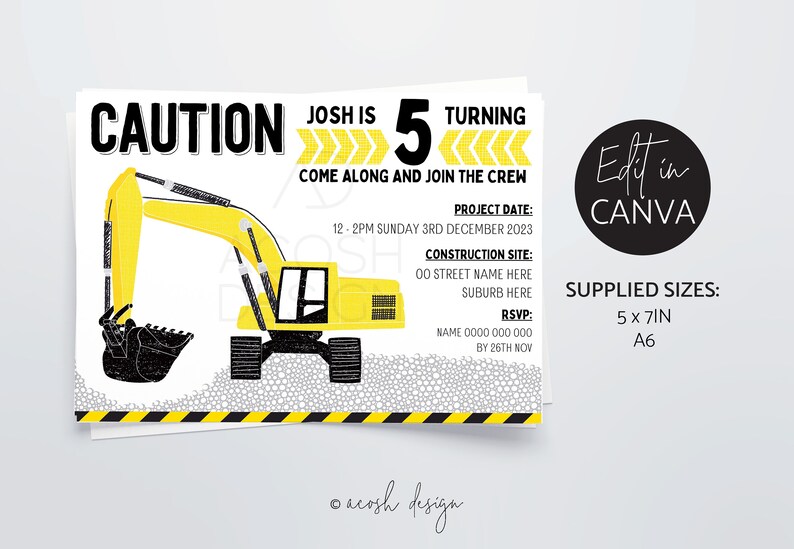 Construction Birthday Party Invitation, Digger Invitation, Excavator ...