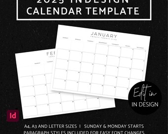 2025 Editable Indesign Calendar Template, Indesign Template, A4, A3 ...