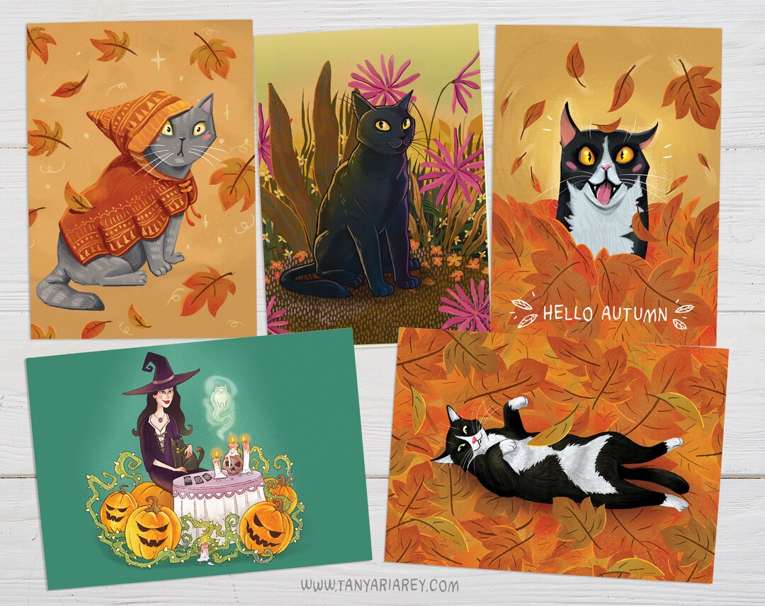 Hello Autumn Postcards Set, Tuxedo Cat Postcards, Fall Postcards ...