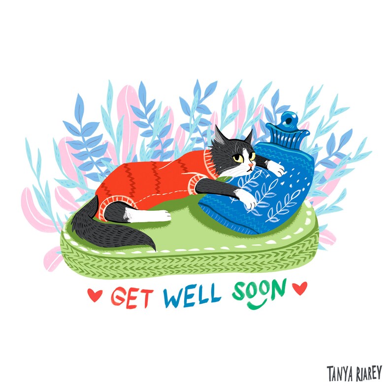 Get Well Soon Card Cat Card Tuxedo Cat Card Cute Hand Drawn | Etsy