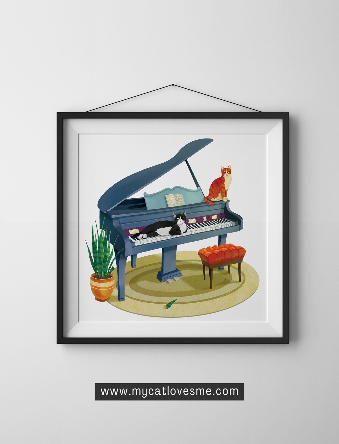 Cat Illustration, Ginger Cat Print, Piano Art, Wall Art, Cat Lover Gift ...