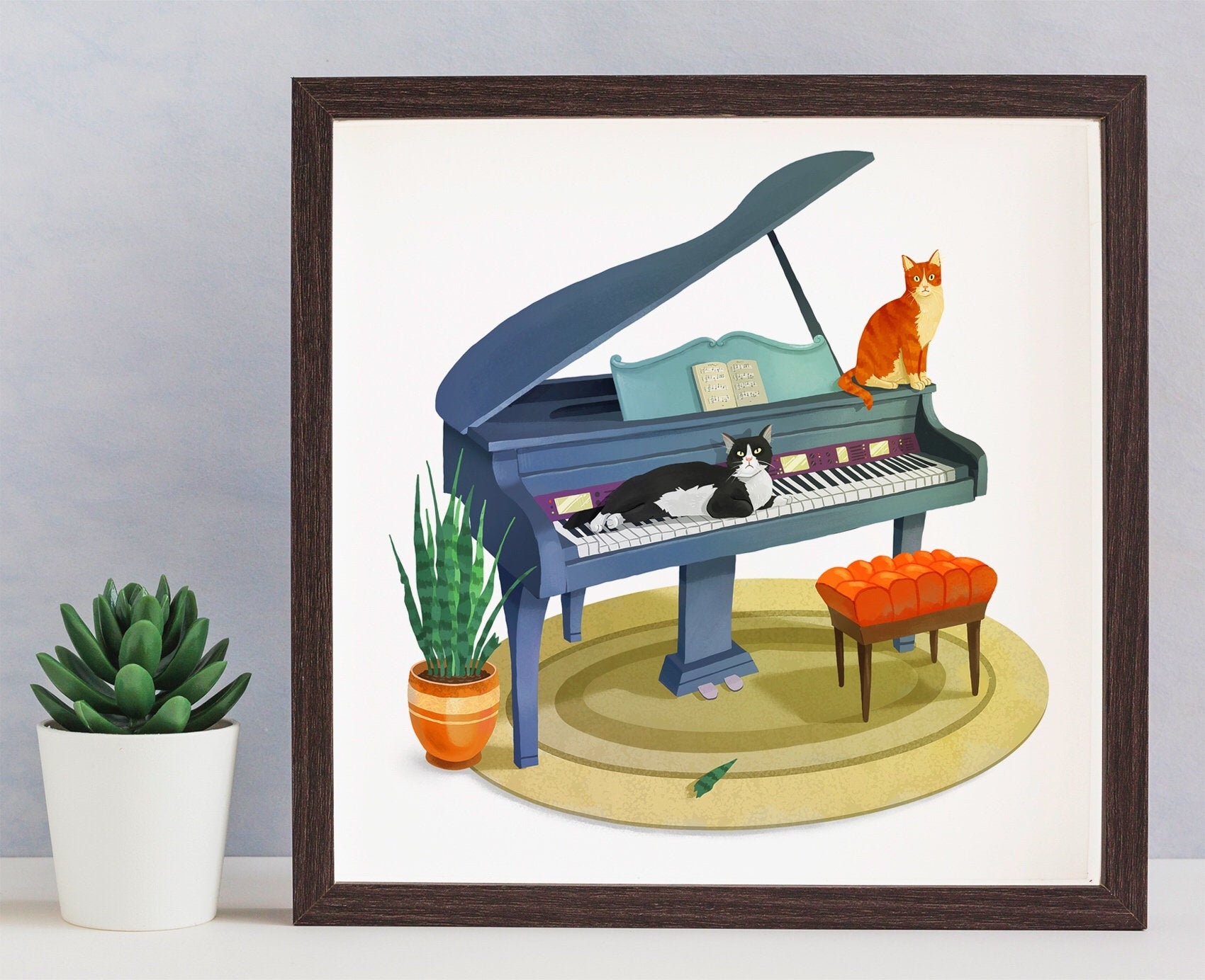Cat Illustration, Ginger Cat Print, Piano Art, Wall Art, Cat Lover Gift ...
