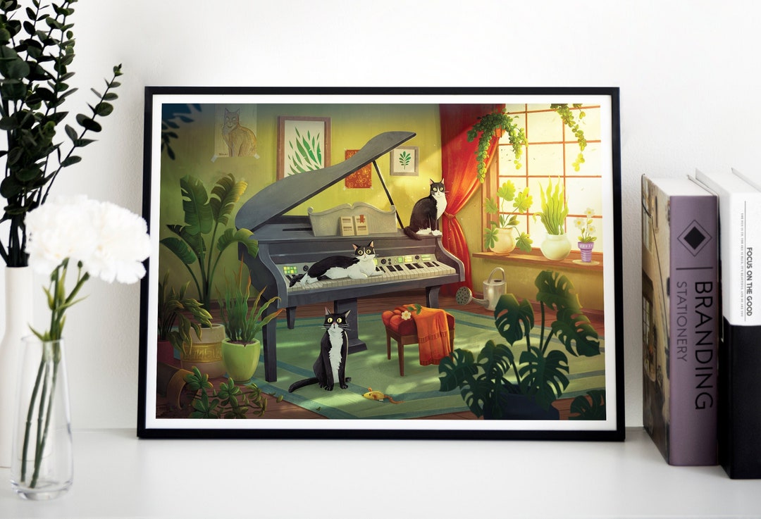 Tuxedo Cat Art Print, Cat Illustration, Cat Poster, Cats & Plants ...